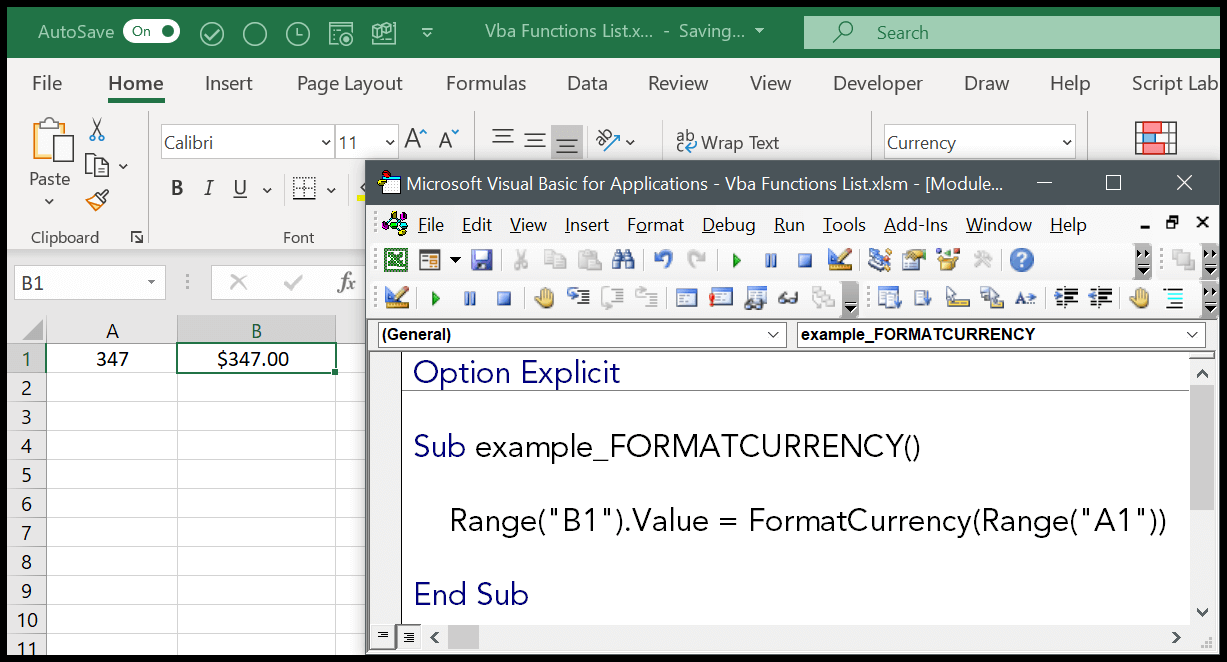 VBA FORMATCURRENCY Function Syntax Example 