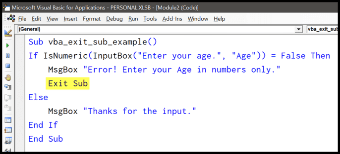 VBA Exit Sub Statement