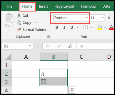 How to Insert PI Symbol (π) in Excel